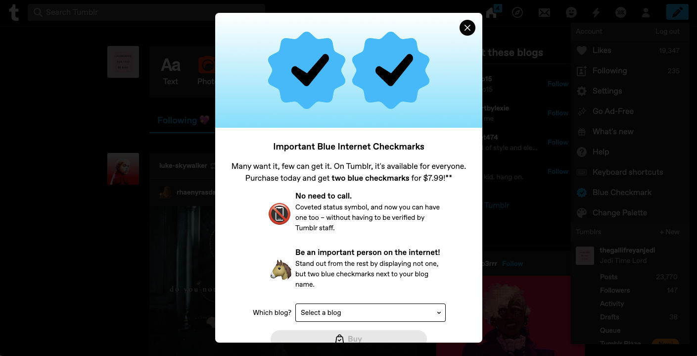 Tumblr is trolling Twitter by selling Important Blue Internet Checkmarks