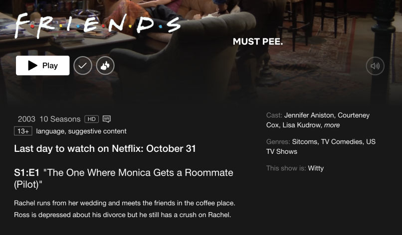 You'll not be able to Stream Friends on Netflix from 31 October ...